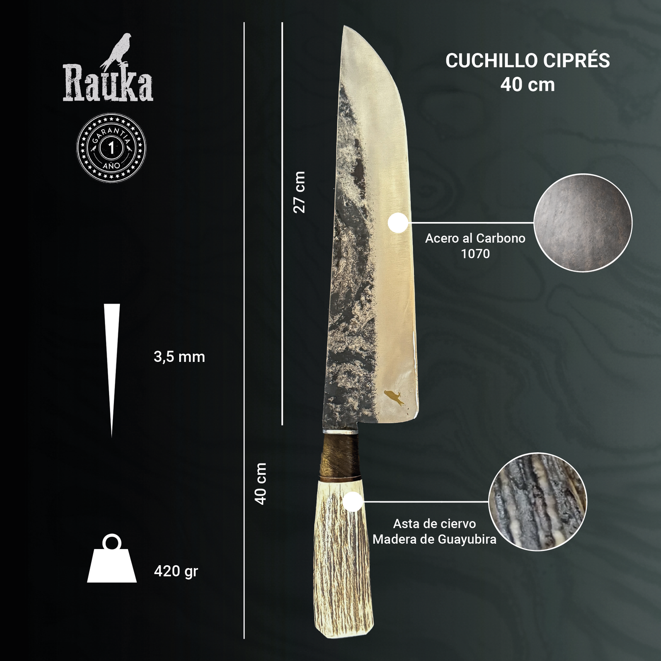 Cuchillo Parrillero Artesanal 40cm "Ciprés" | Rauka