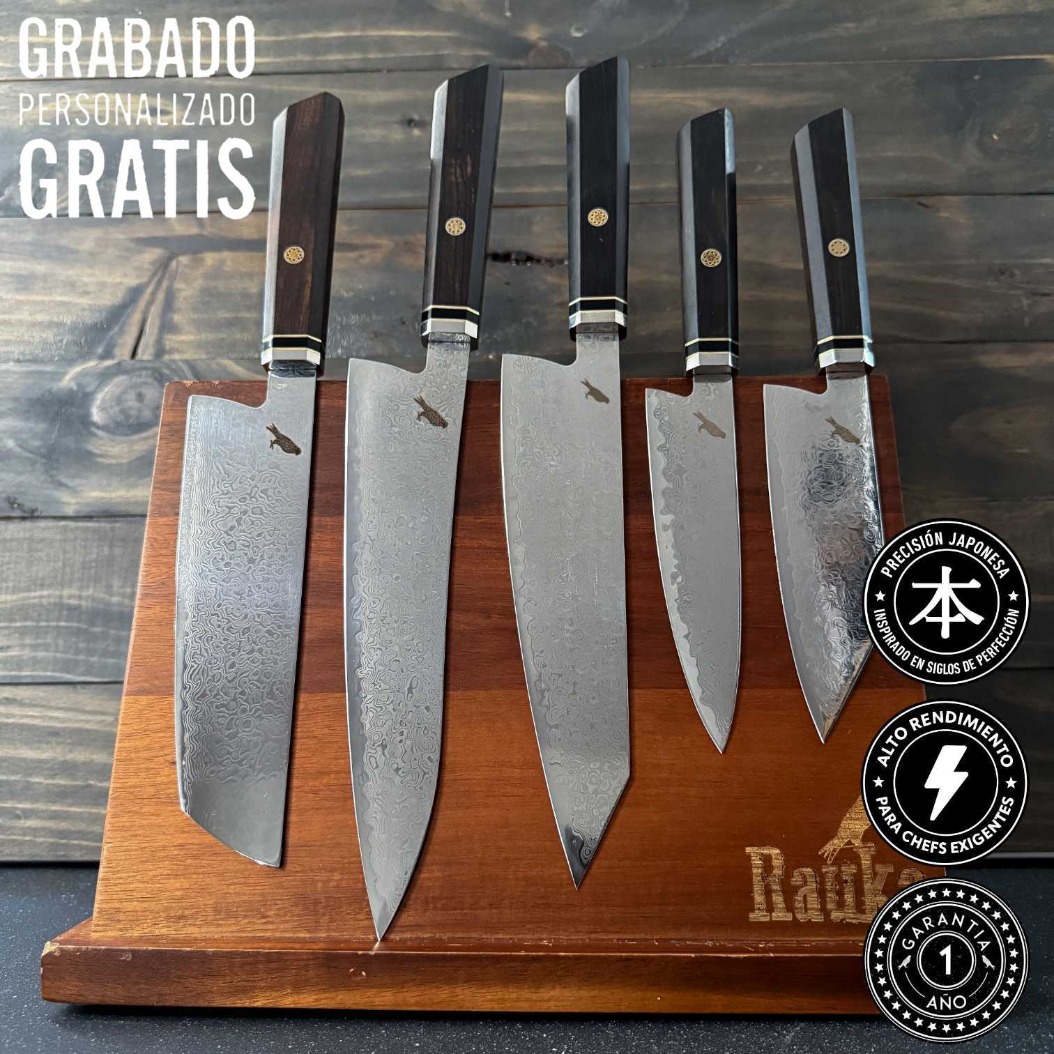 Pack 5 Cuchillos Japoneses + Bloque Magnético "Taku" / "Kiru" / "Tora ...